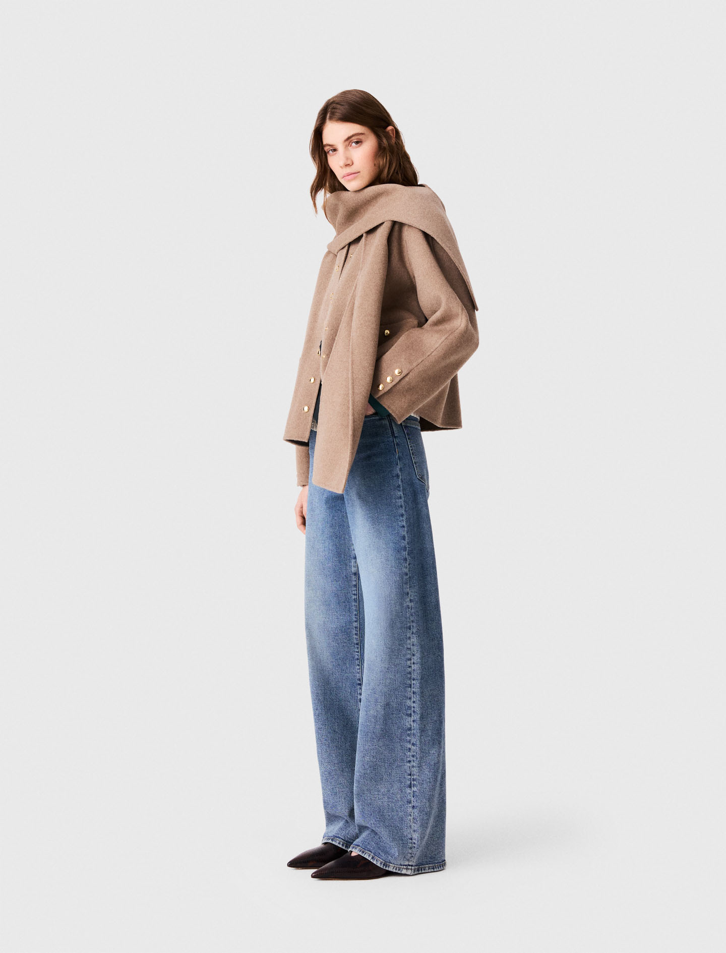 MAJE Short Double-Faced Coat with Removable Hooded Scarf